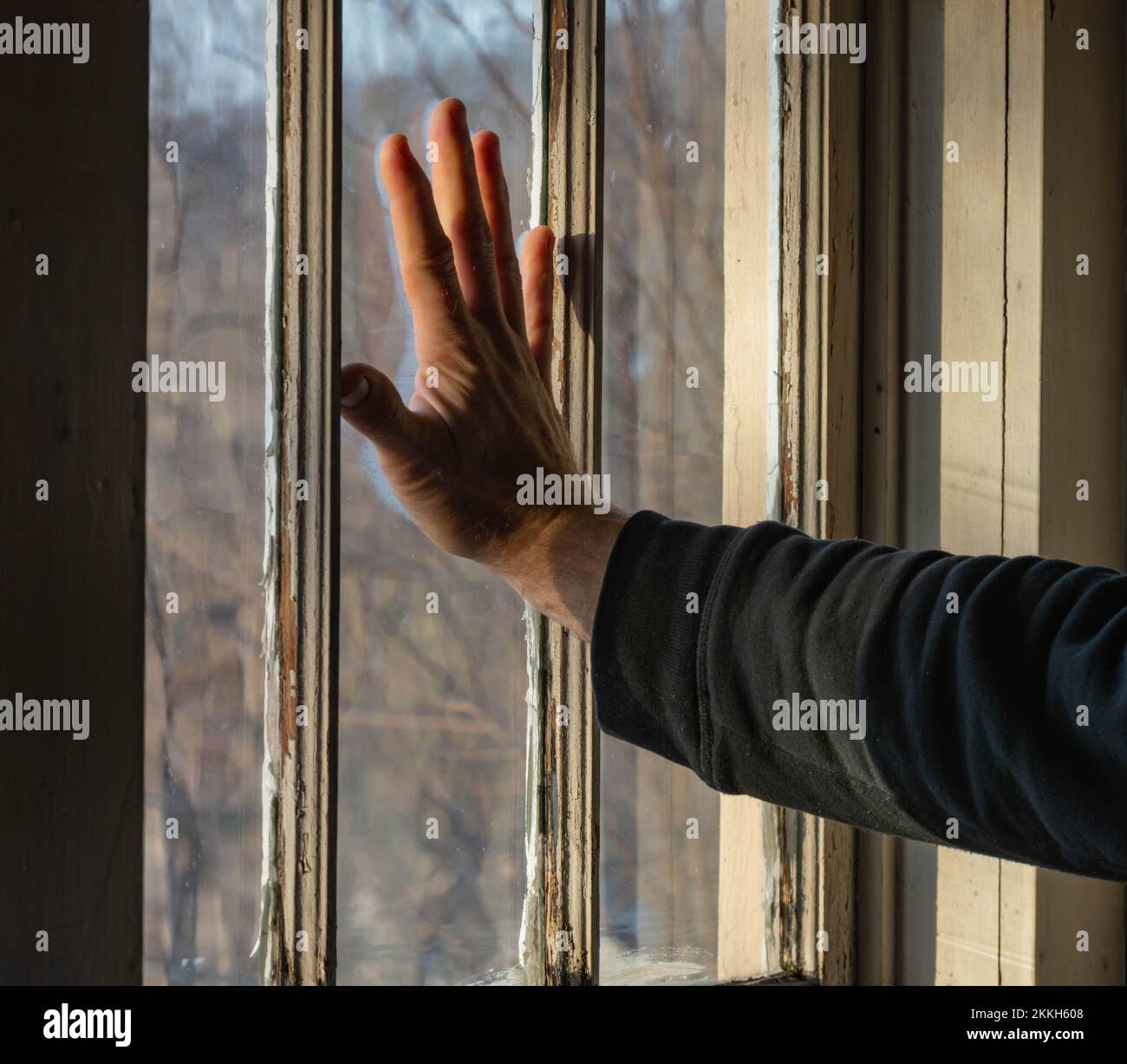 White man hand on old fashion window copy space background image ...