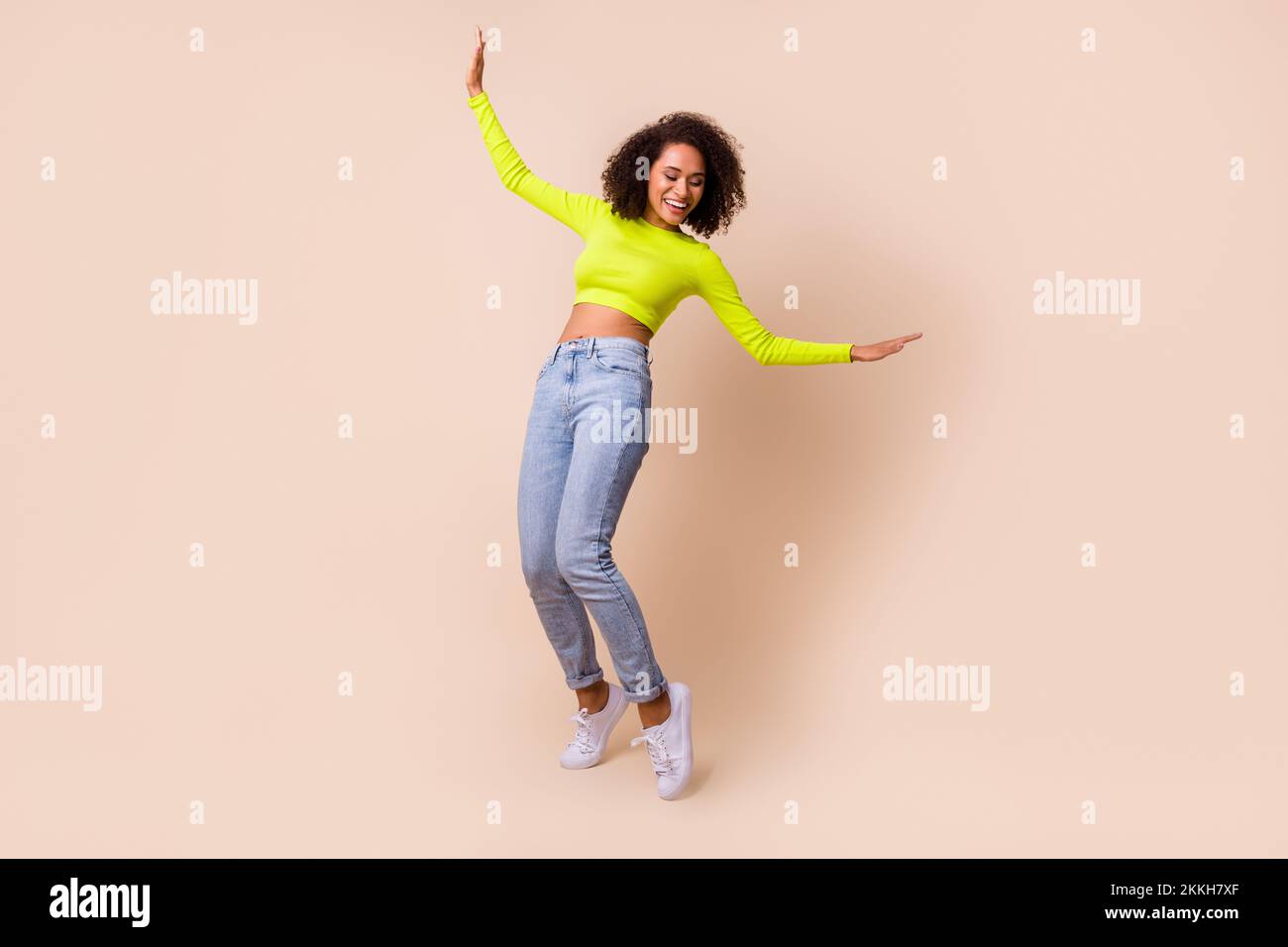 Full length photo of young happy smiling woman drunk dancing showing ...