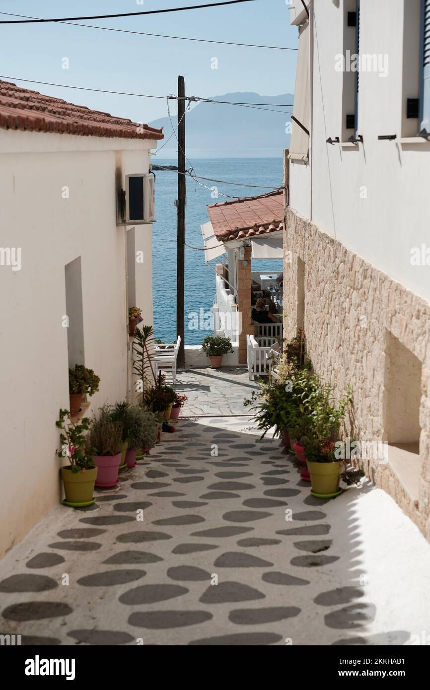 The small port of Perdika in Aegina, Greece. A common stop over port on ...