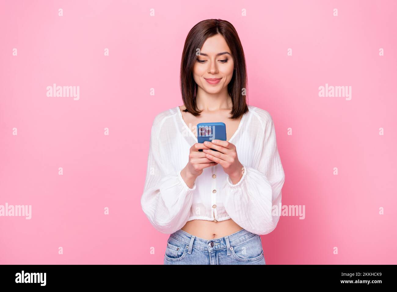 Photo of pretty concentrated lady hand hold modern device gadget ...