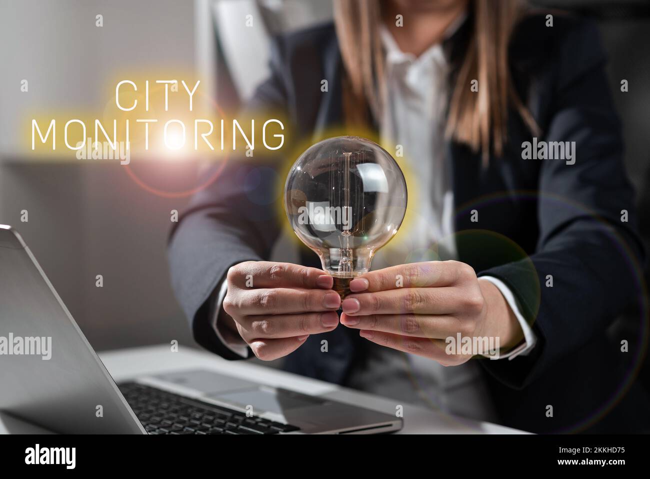 Sign displaying City Monitoring, Word Written on indicatorlevel ...