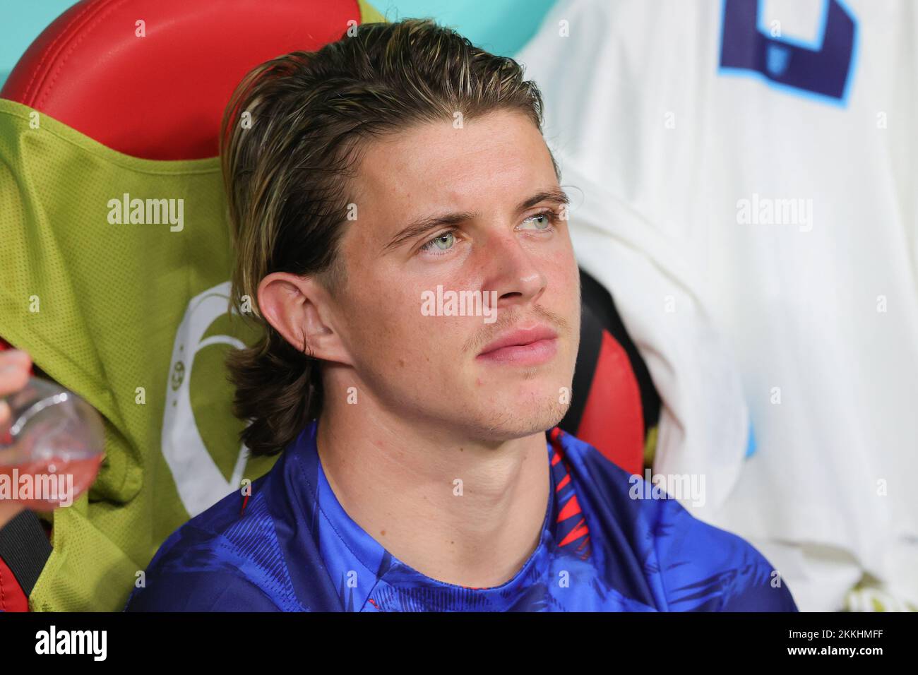 Al Khor, Qatar. 25th Nov, 2022. Conor Gallagher of England on the bench ...