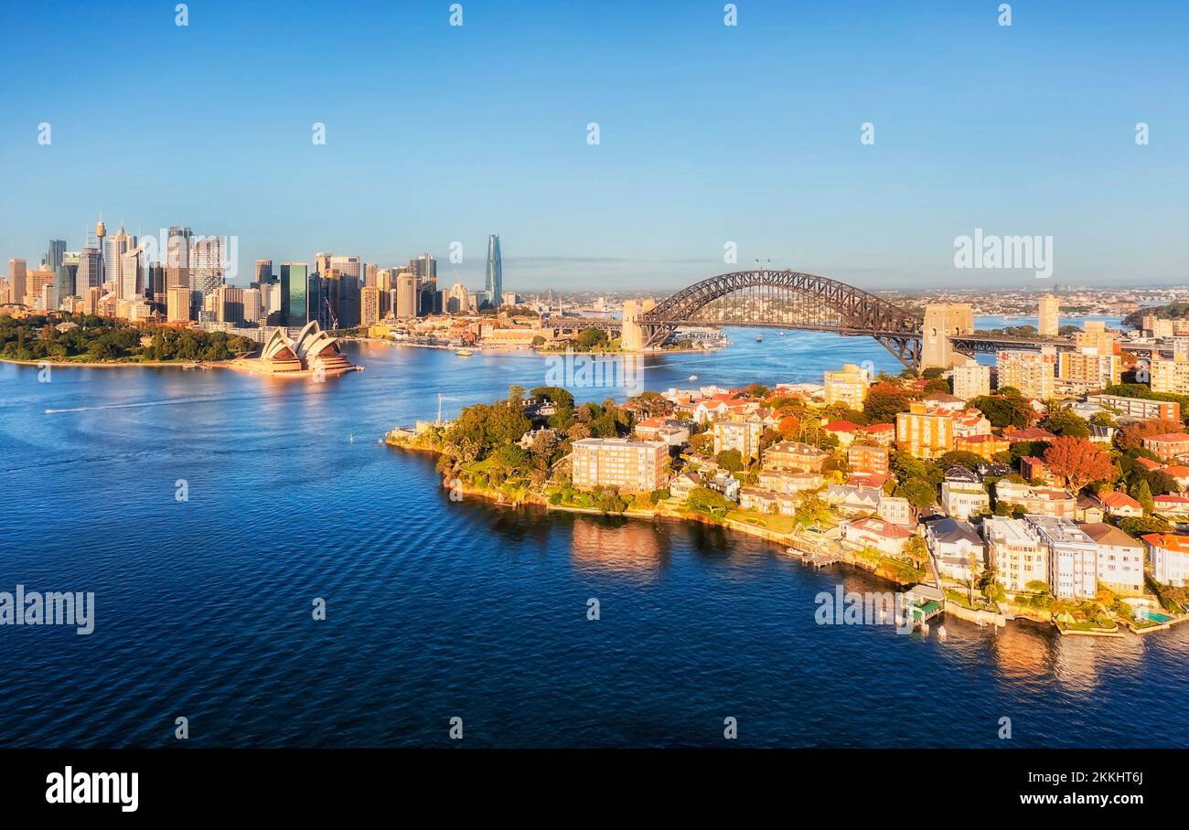 Aerial panorama of Sydney city CBD waterfront on shores of Sydney ...