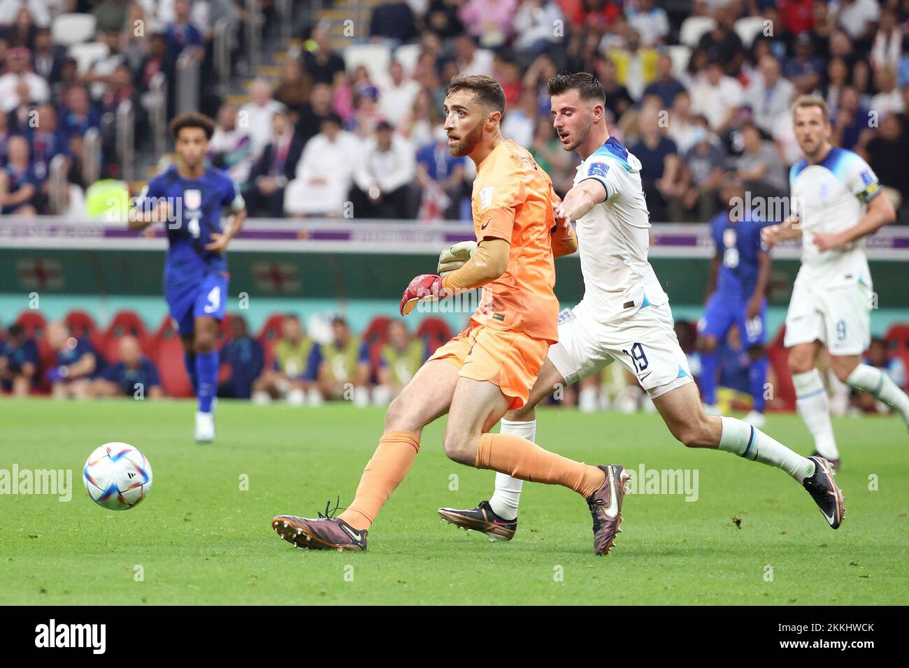 Doha, Qatar. 25th Nov, 2022. Goalkeeper of USA Matt Turner, Mason Mount ...