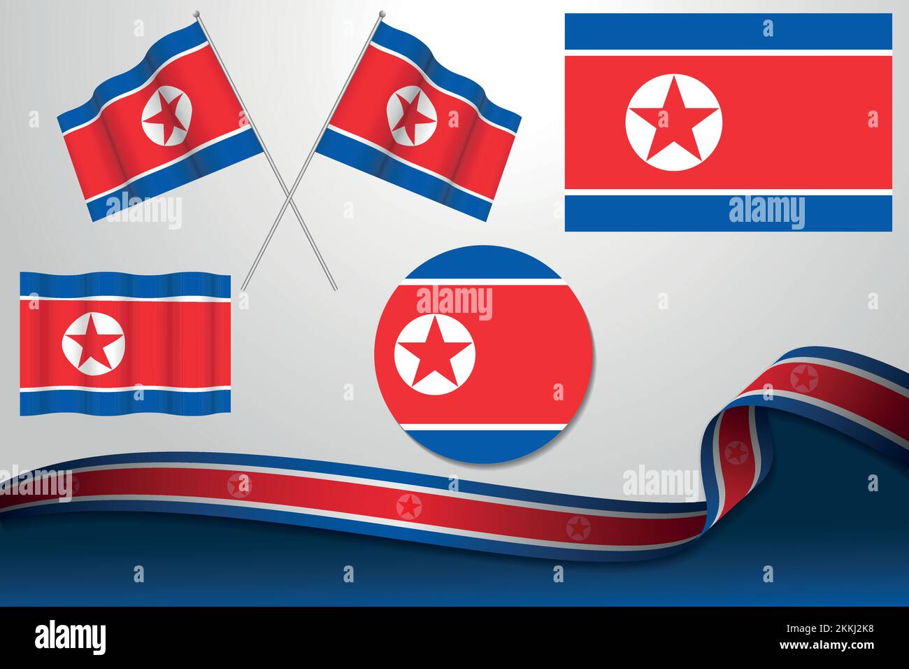 A set of illustrated North Korea flags in different shapes and ...