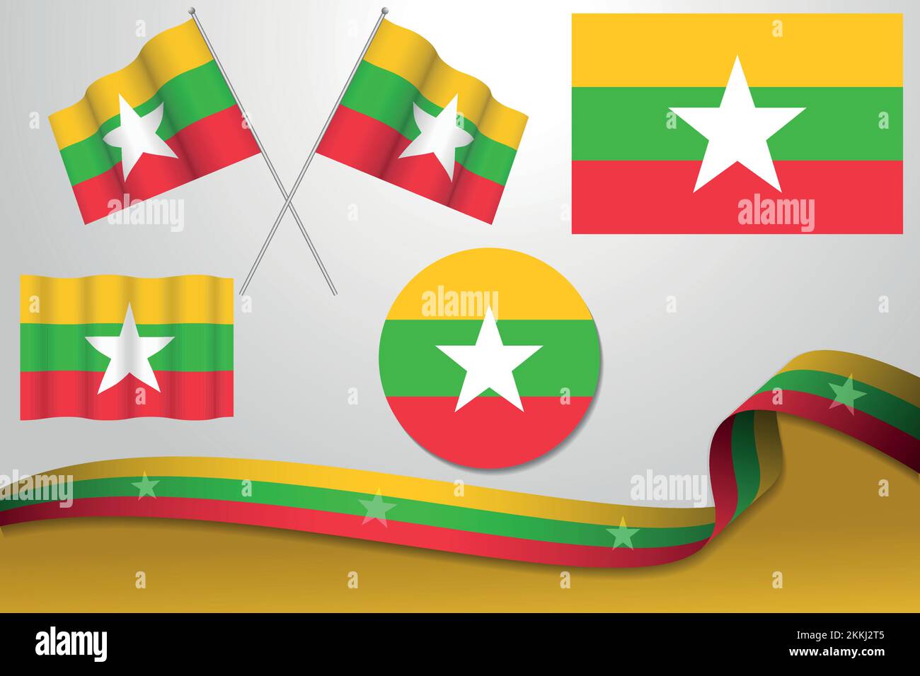 A set of illustrated Myanmar flags in different shapes and variations on a silver background ...