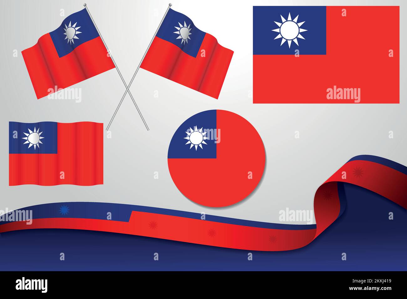 A set of illustrated Taiwan flags in different shapes and variations on ...