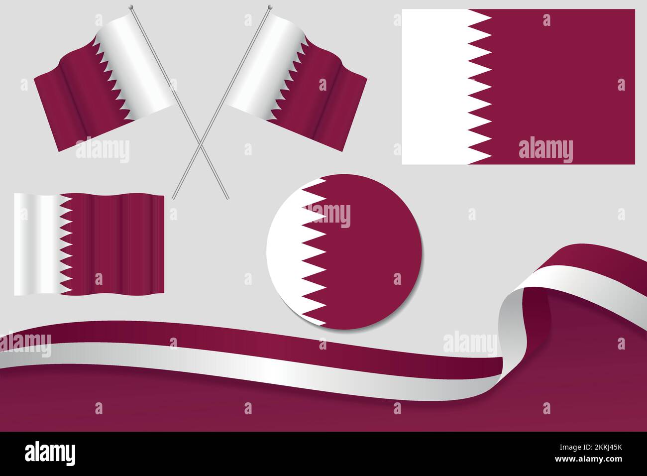 A set of illustrated Qatar flags in different shapes and variations on ...