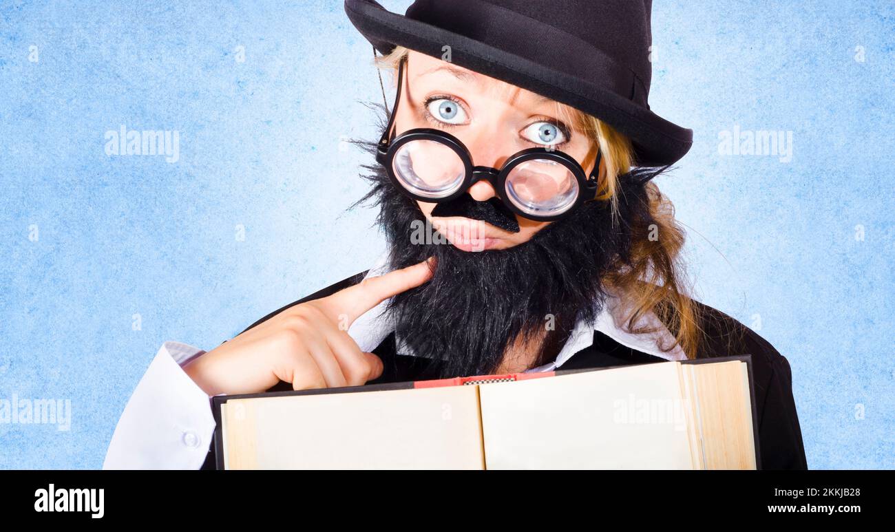 Funny education image of a curious male science lecturer holding open ...