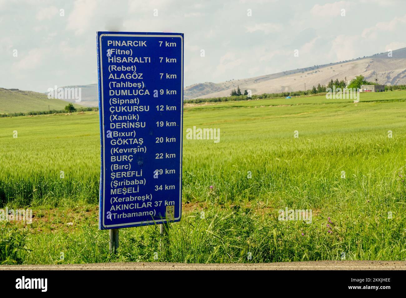 A direction board in a bright green field with names of Turkish and ...