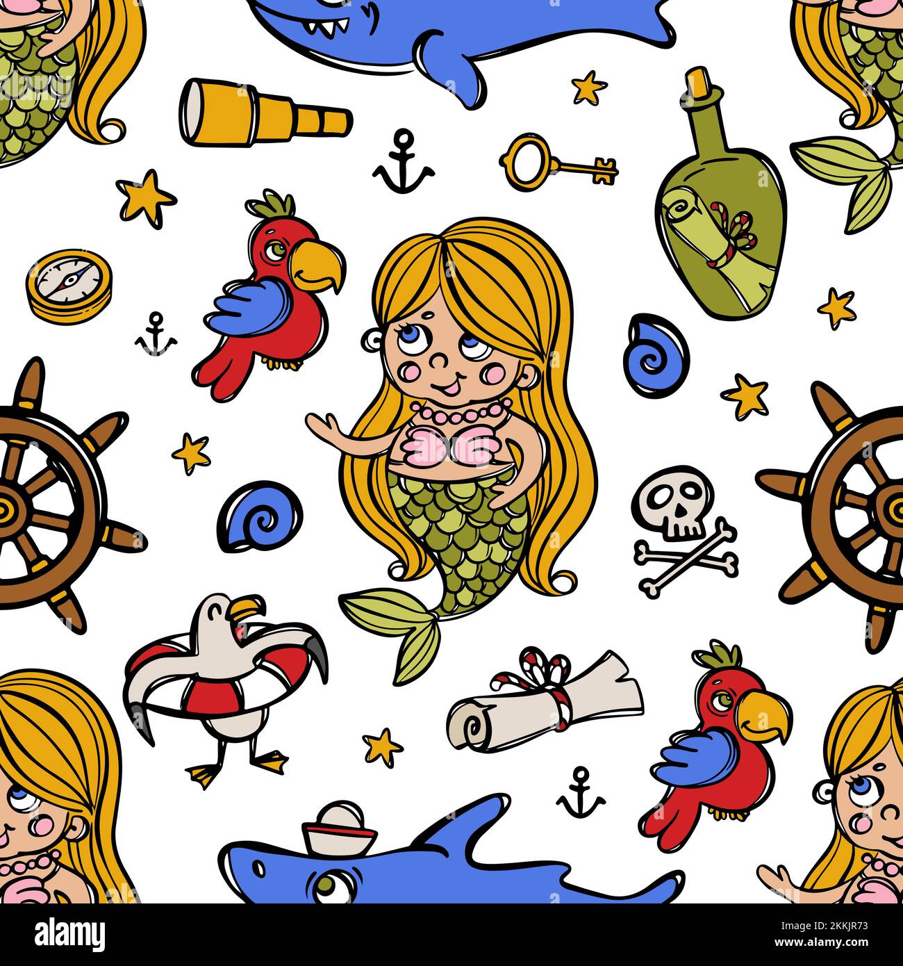 MERMAID AND ANIMALS Corsair Theme With Shark And Parrot Sea Cartoon ...