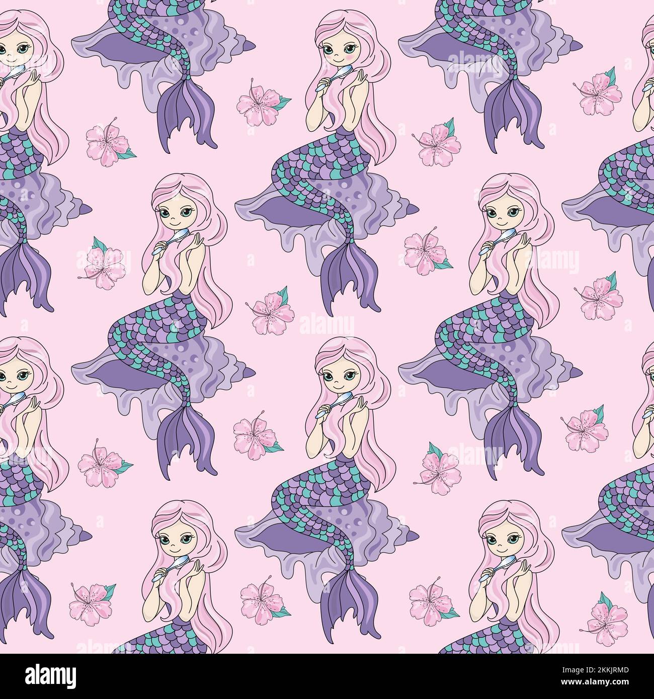 MERMAID Underwater Travel Tropical Sea Princess Girl Floral Cartoon ...