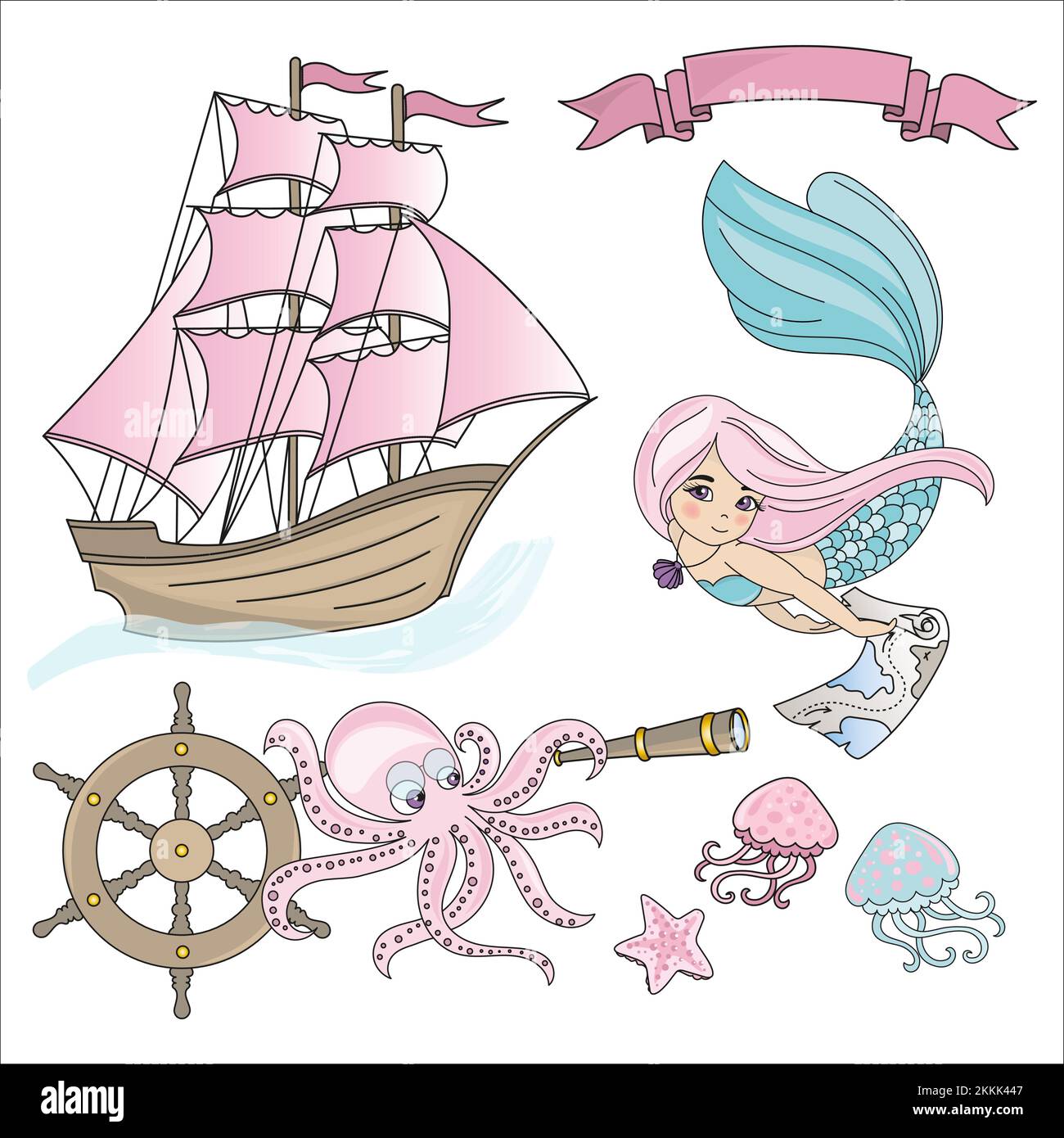 MERMAID SHIP Sea Ocean Princess Girl Cruise Navigation Tropical Cartoon ...