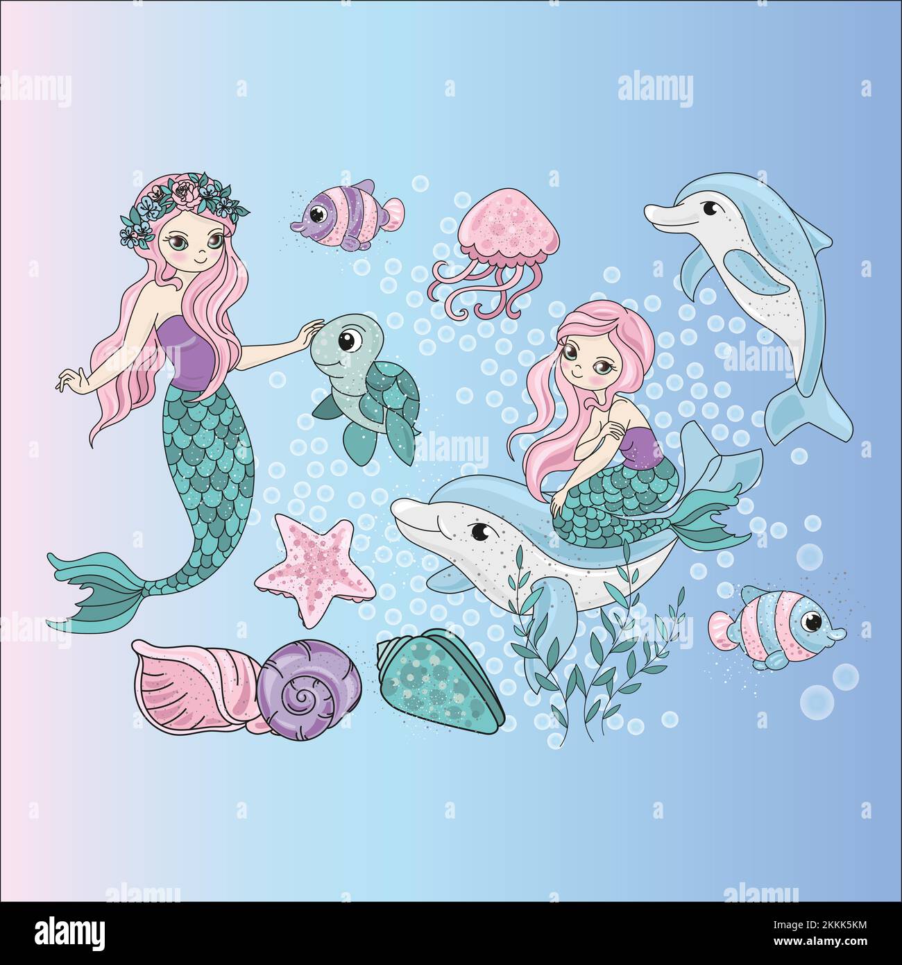 MERMAIDS Cruise Tropical Underwater Cartoon Travel Vector Illustration ...