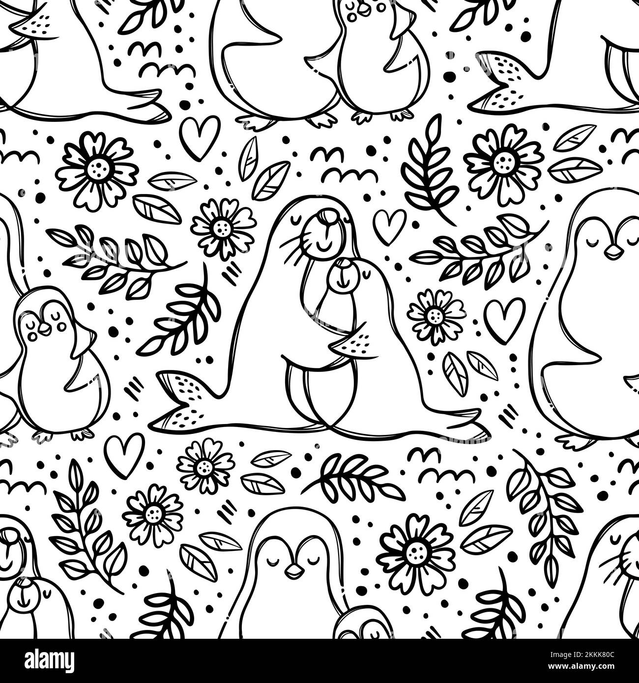 MOM AND DAUGHTER Hugging Cute Sea Animals Hug Their Children Parental Relationship Monochrome ...