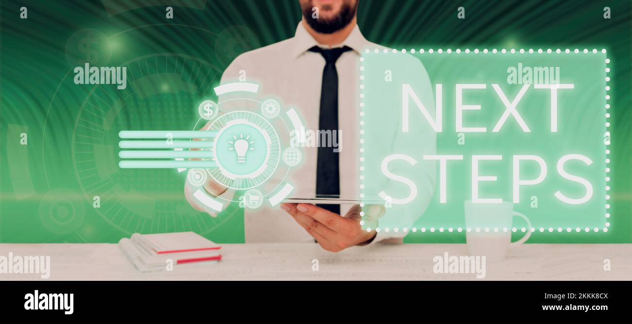 Conceptual display Next Steps. Word Written on numper of process going ...