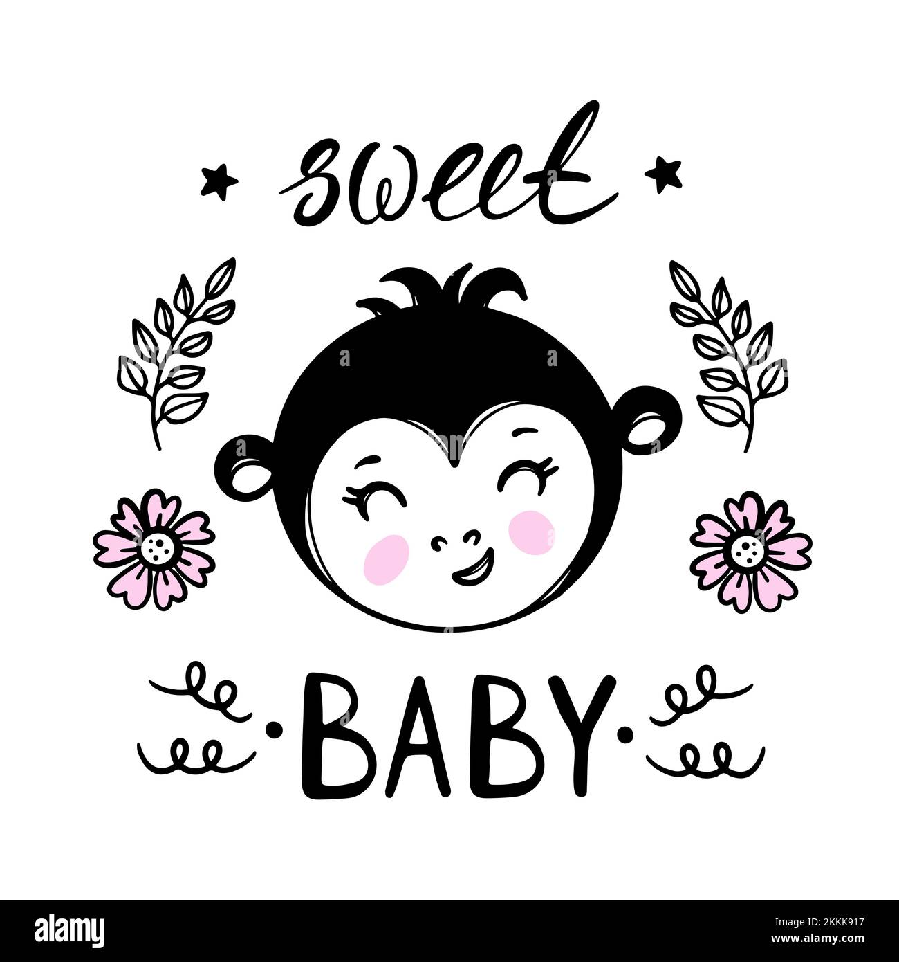 MONKEY SWEET Baby Cute Animal Festive Greeting Card With Flowers ...