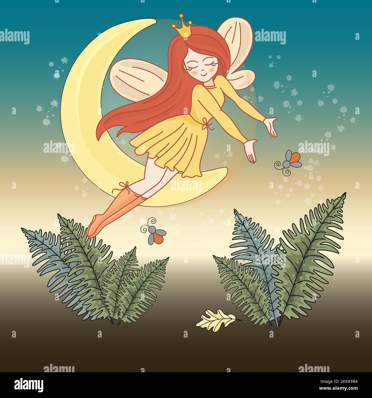 MOON FAIRY Princess Girl Good Night Magic Cartoon Clip Art Vector ...