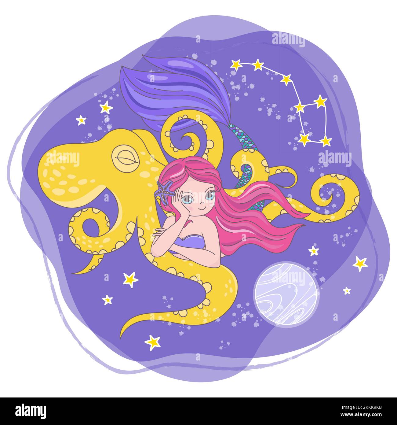 MOON OCTOPUS Mermaid Sea Space Cartoon Cosmos Galactic Universe ...