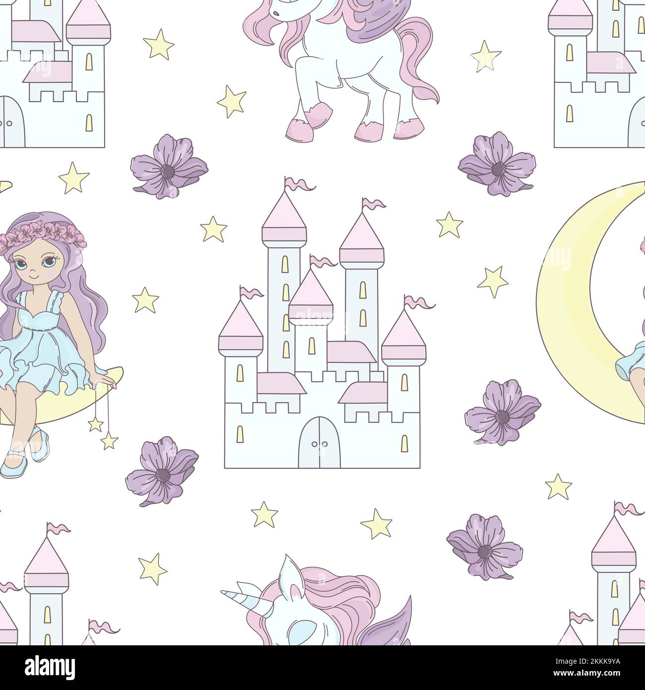 MOON PRINCESS Girl Fairy Tale Kingdom Unicorn Magical Cartoon Seamless ...