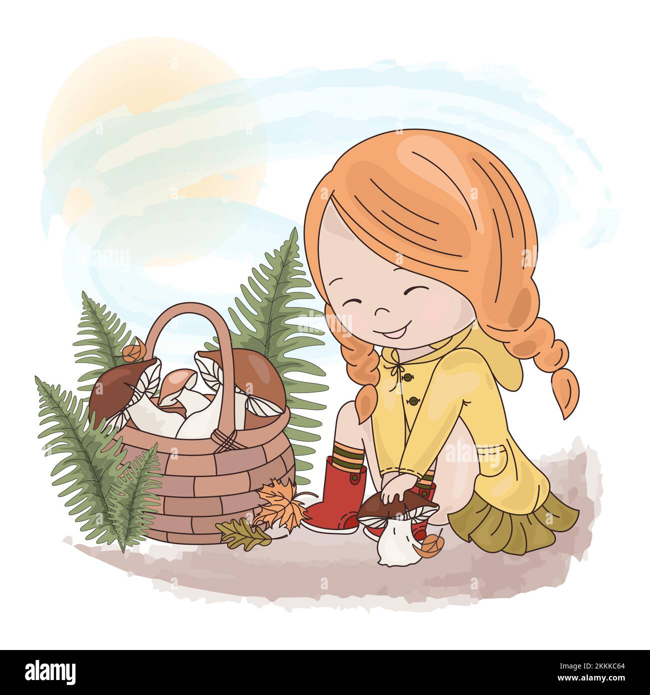 MUSHROOM CATCHER Autumn Fall Season Cartoon Girl Forest Clip Art Vector ...