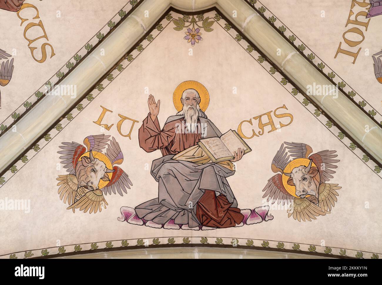 BERN, SWITZERLAND - JUNY 27, 2022: The fresco of St. Luke the Evangelist in church Peter und ...