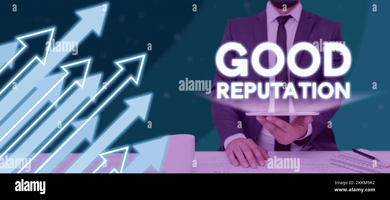 Conceptual caption Good Reputation. Word Written on customer lays his ...