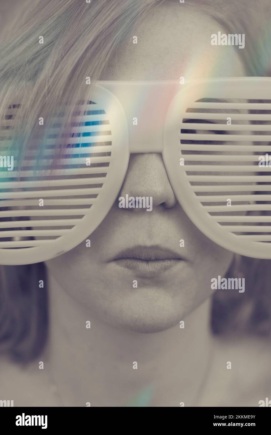 Face Of A Woman Wearing Vintage Summer Sun Shades Glancing Alarming To ...