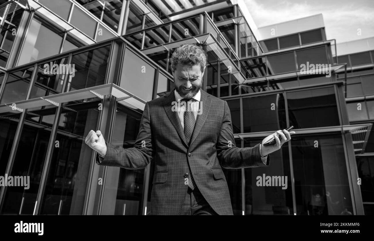 business negotiation. having problem. adult ceo with cellphone. phone ...