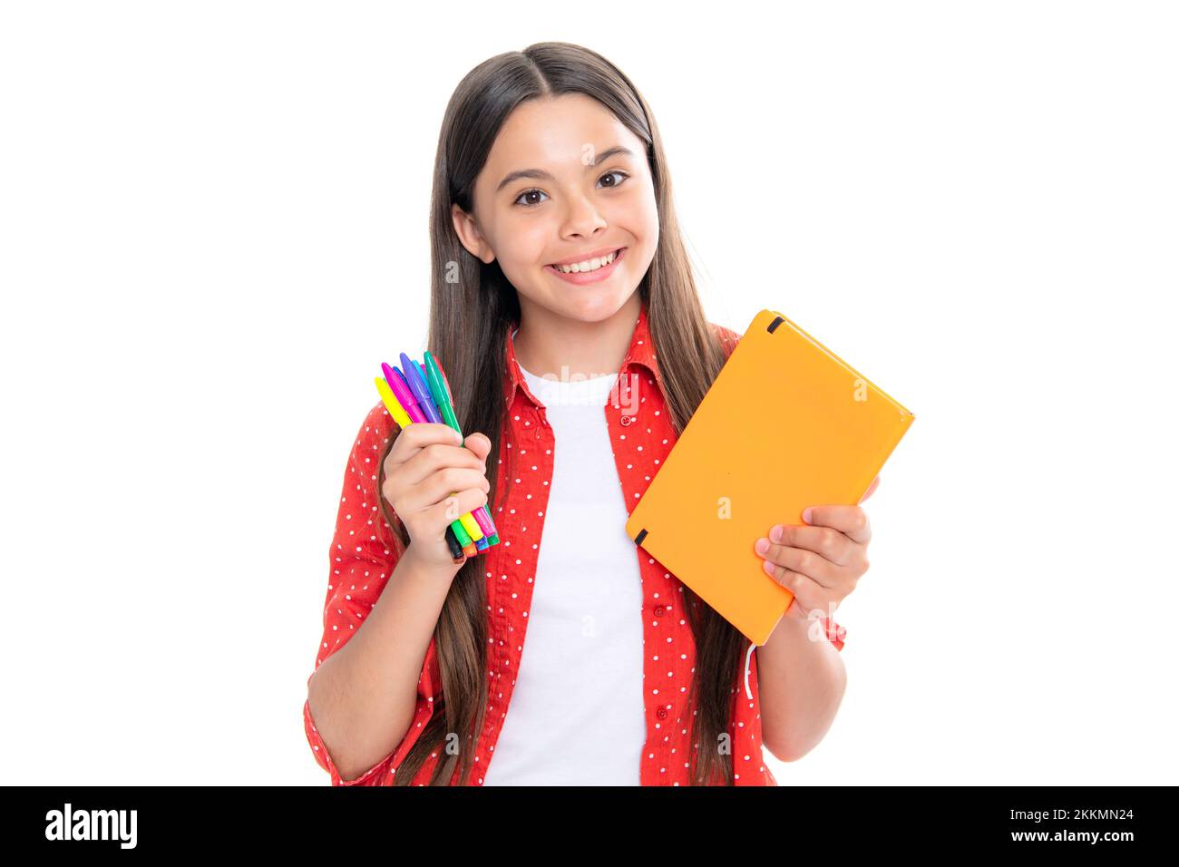 Teen girl pupil hold books, notebooks, isolated on white background ...