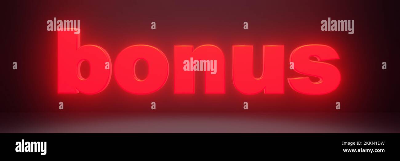 Bonus red text neon lighting 3d render, lettering banner Stock Photo ...