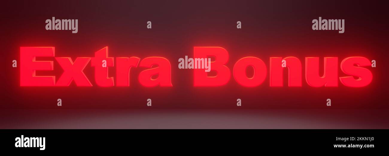 Extra Bonus red neon lighting text 3d render, lettering web discount ...