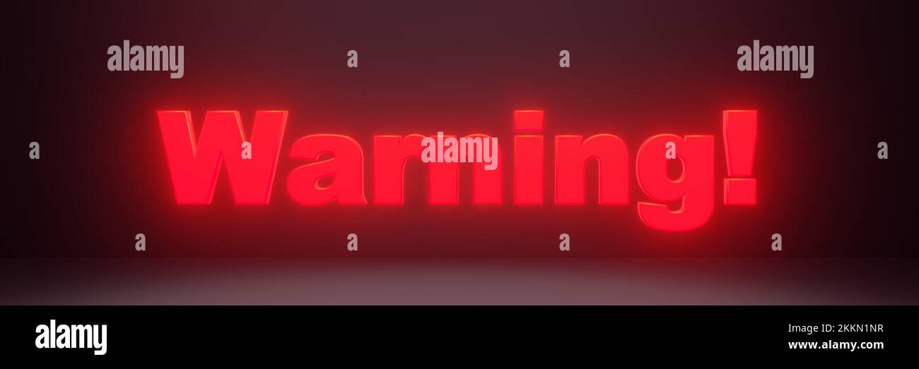 Warning sign red neon lighting text 3d render, lettering web banner ...