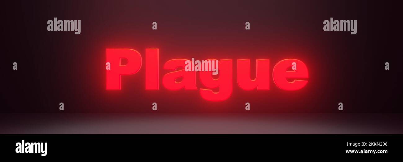 Plague sign red neon lighting text 3d render, lettering web banner ...