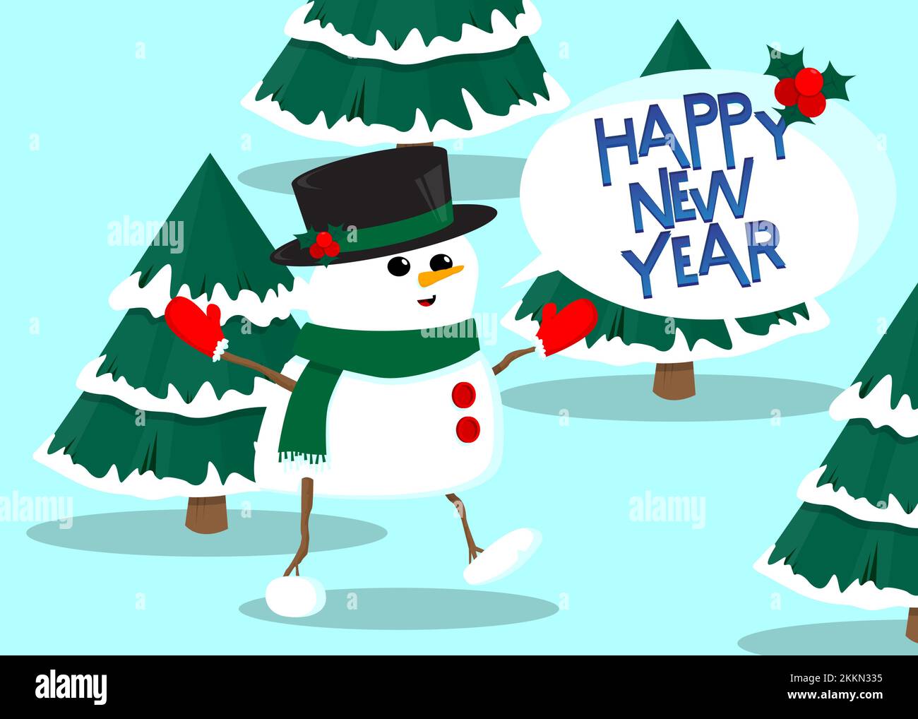 Snowman wearing hat and scarf with Happy New Year text. Holiday card ...