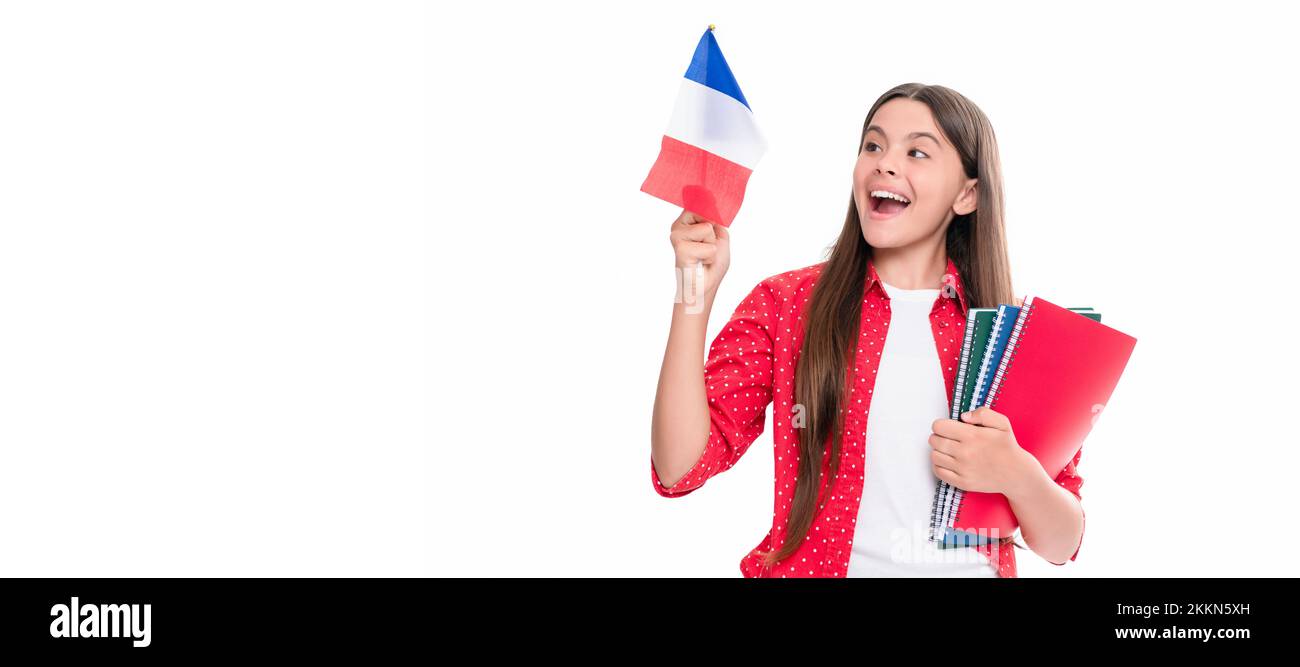 travel to france. learn foreign language. surprised teen girl hold ...