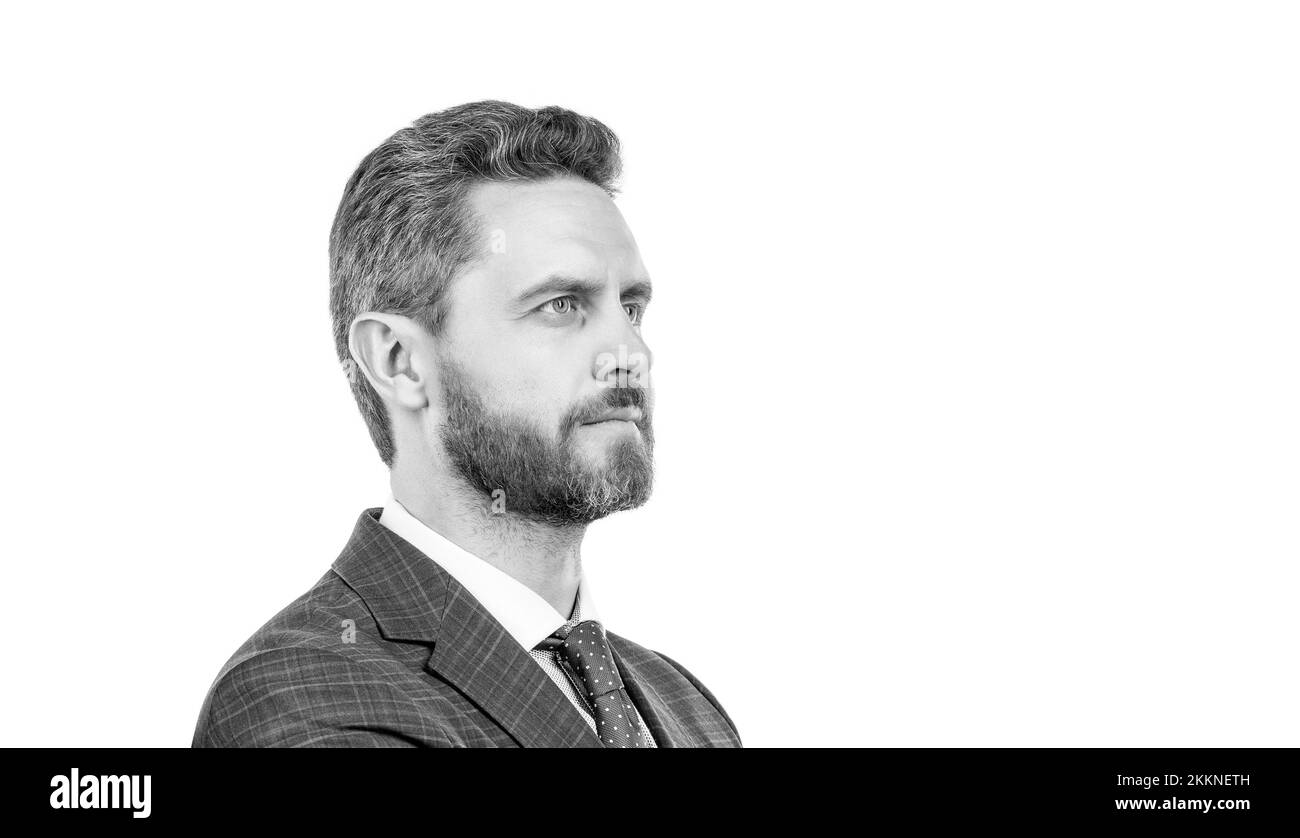 Portrait of serious professional employee in formal suit isolated on ...