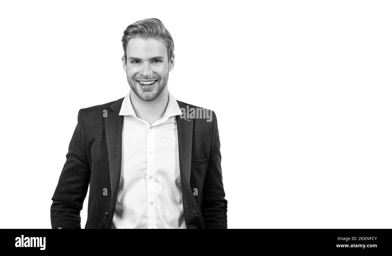 Happy businessman smile in formal business suit isolated on white copy ...
