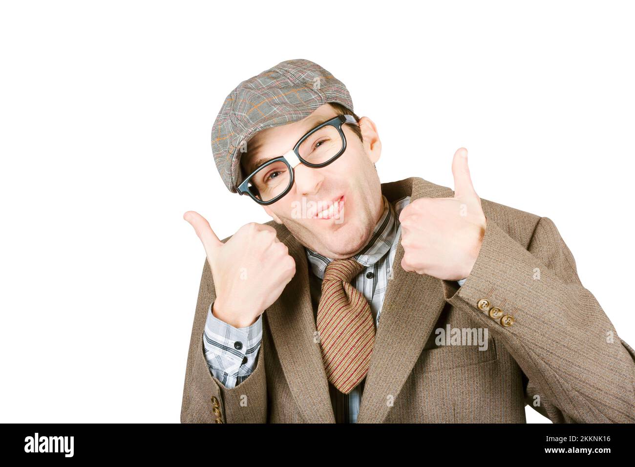 Odd and quirky male nerd giving a two thumb gesture of good to go on ...