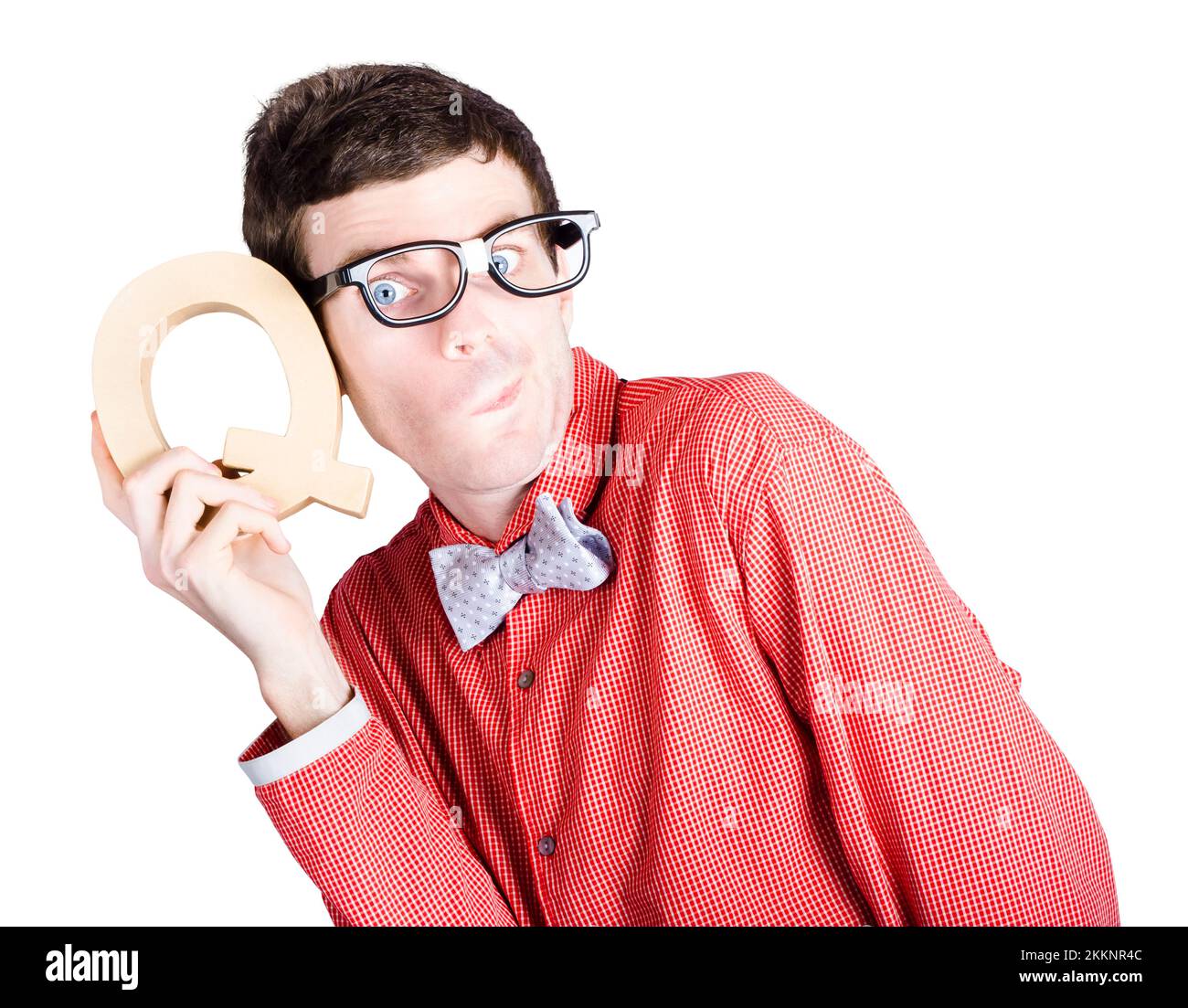 Young nerd businessman holding the letter Q for question mark when ...