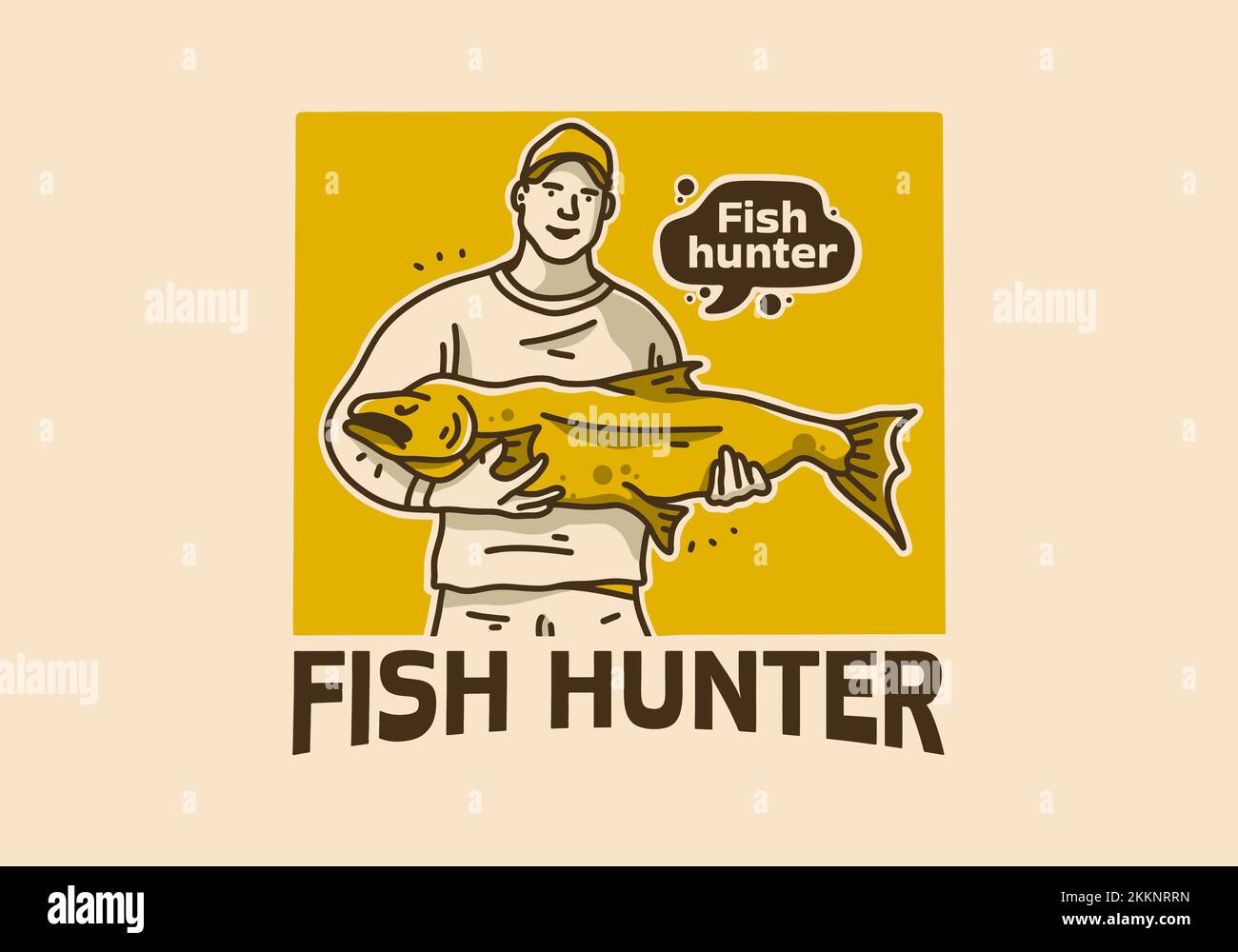 Vintage art illustration design of a man holding a big fish Stock ...