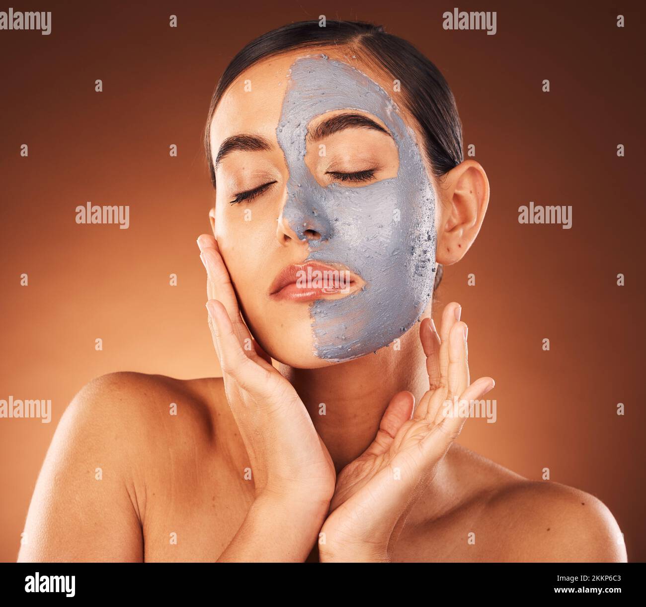 Skincare face, woman and mask for beauty, charcoal cosmetics cleaning ...