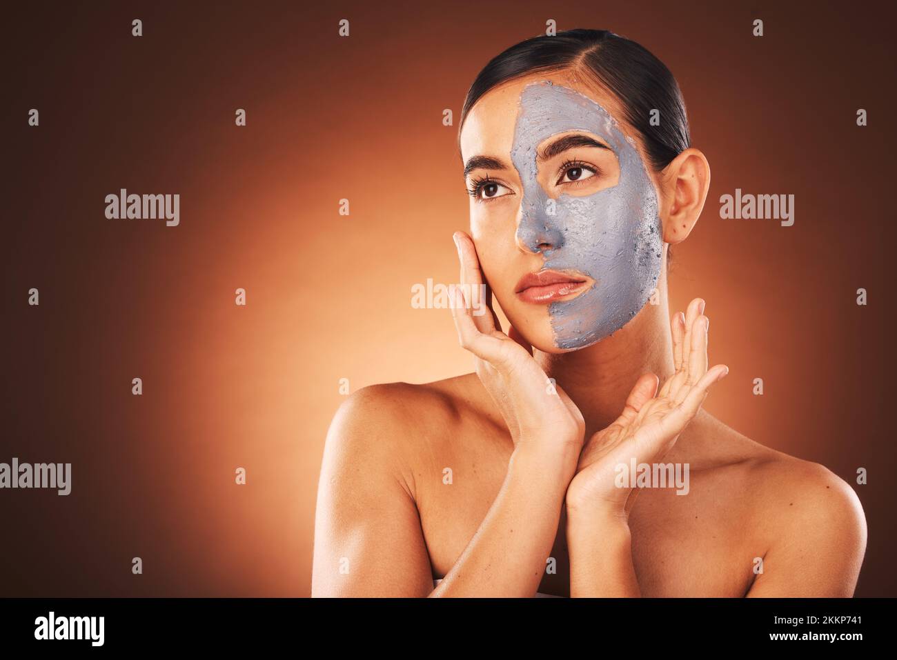 Beauty, charcoal mask with facial and woman in natural cosmetics mockup ...