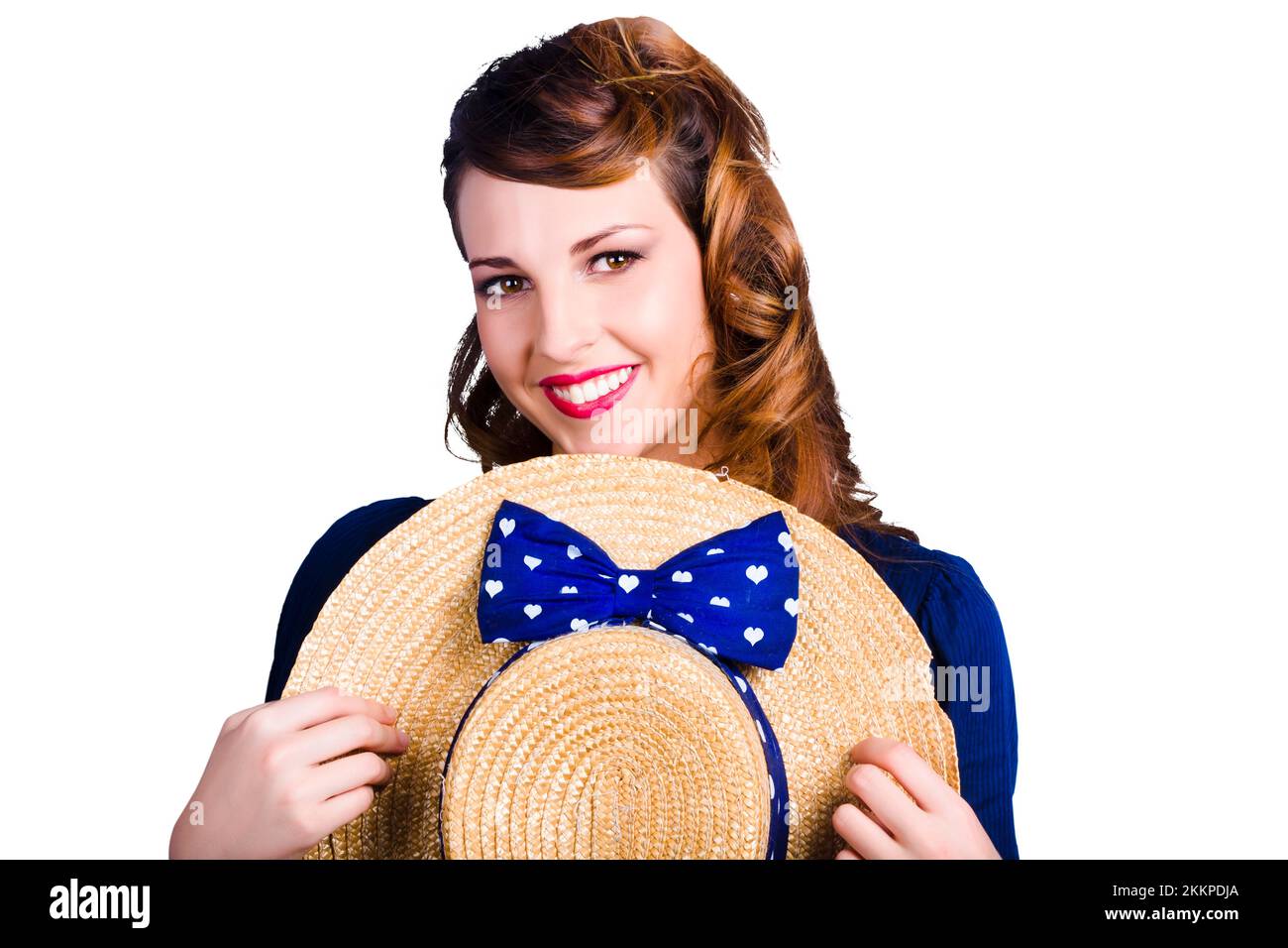 Pinup Girl Smiling Broadly Holding Straw Hat Tied With Blue Ribbon And Bow On White Background