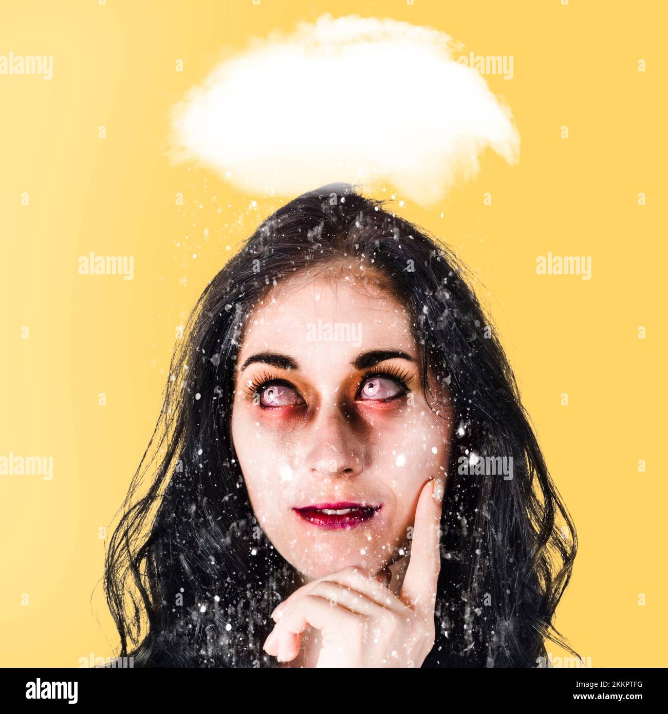 Stressed undead businesswoman under cloud of chaos and turmoil ...