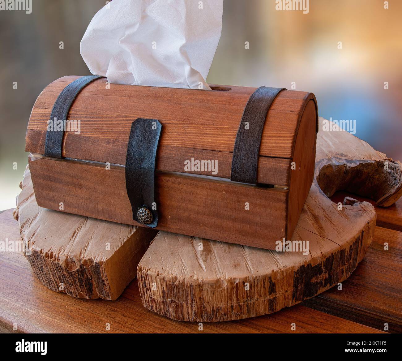 Handmade Wooden Tissue Box on a wood table in Yerevan Armenia Stock ...