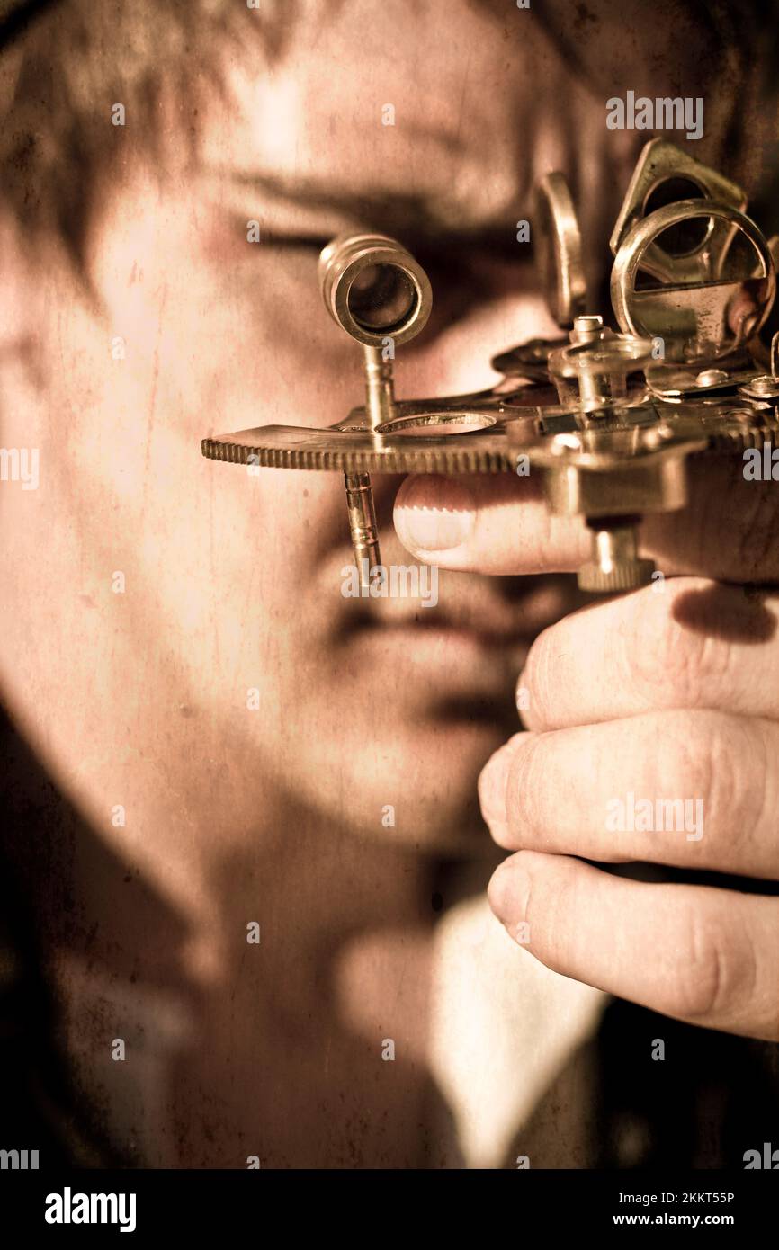 Stained Photograph Of A Vintage Sea Explorer Scanning The Ocean Horizon ...