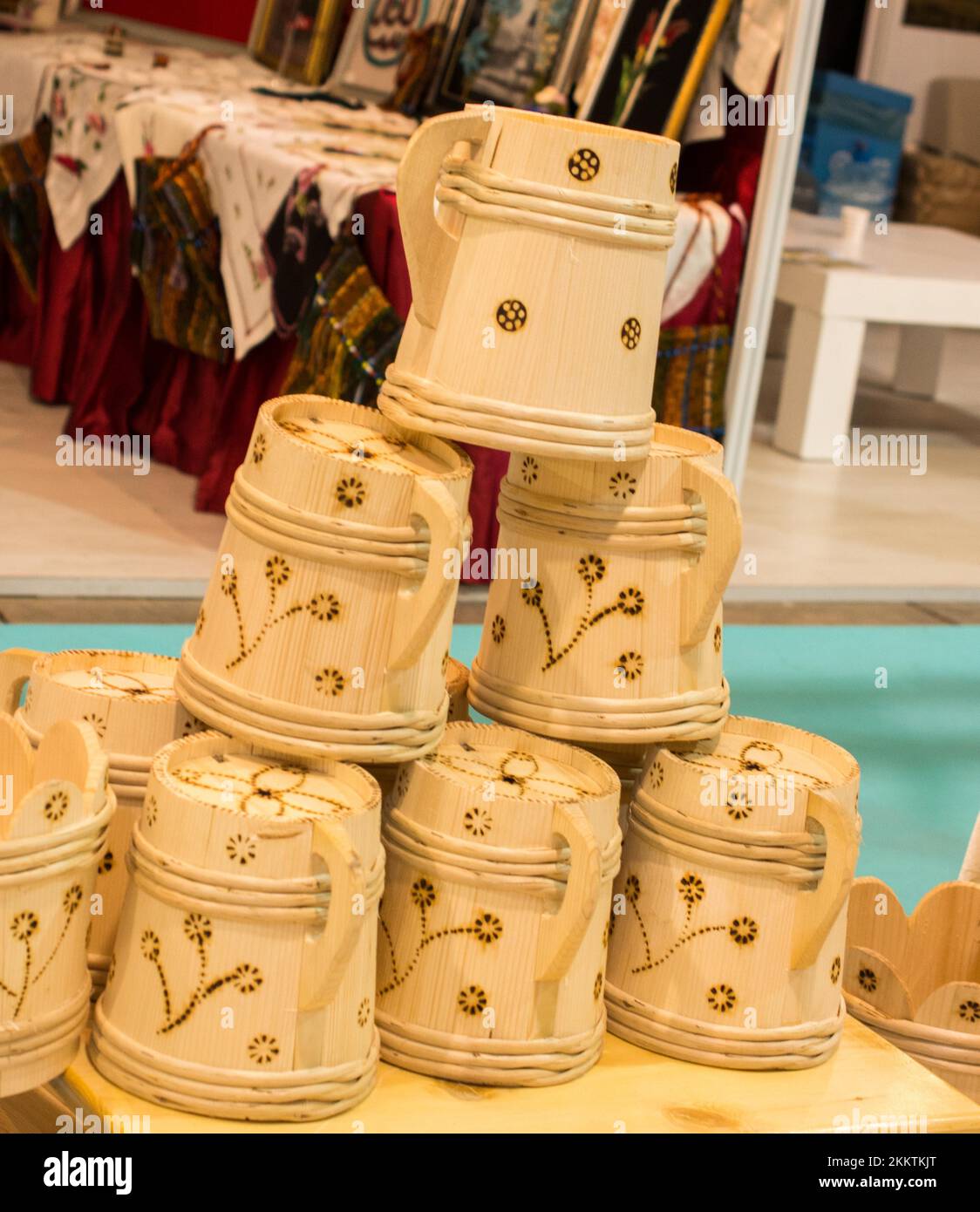 Set of buckets made of wood in a market place Stock Photo - Alamy