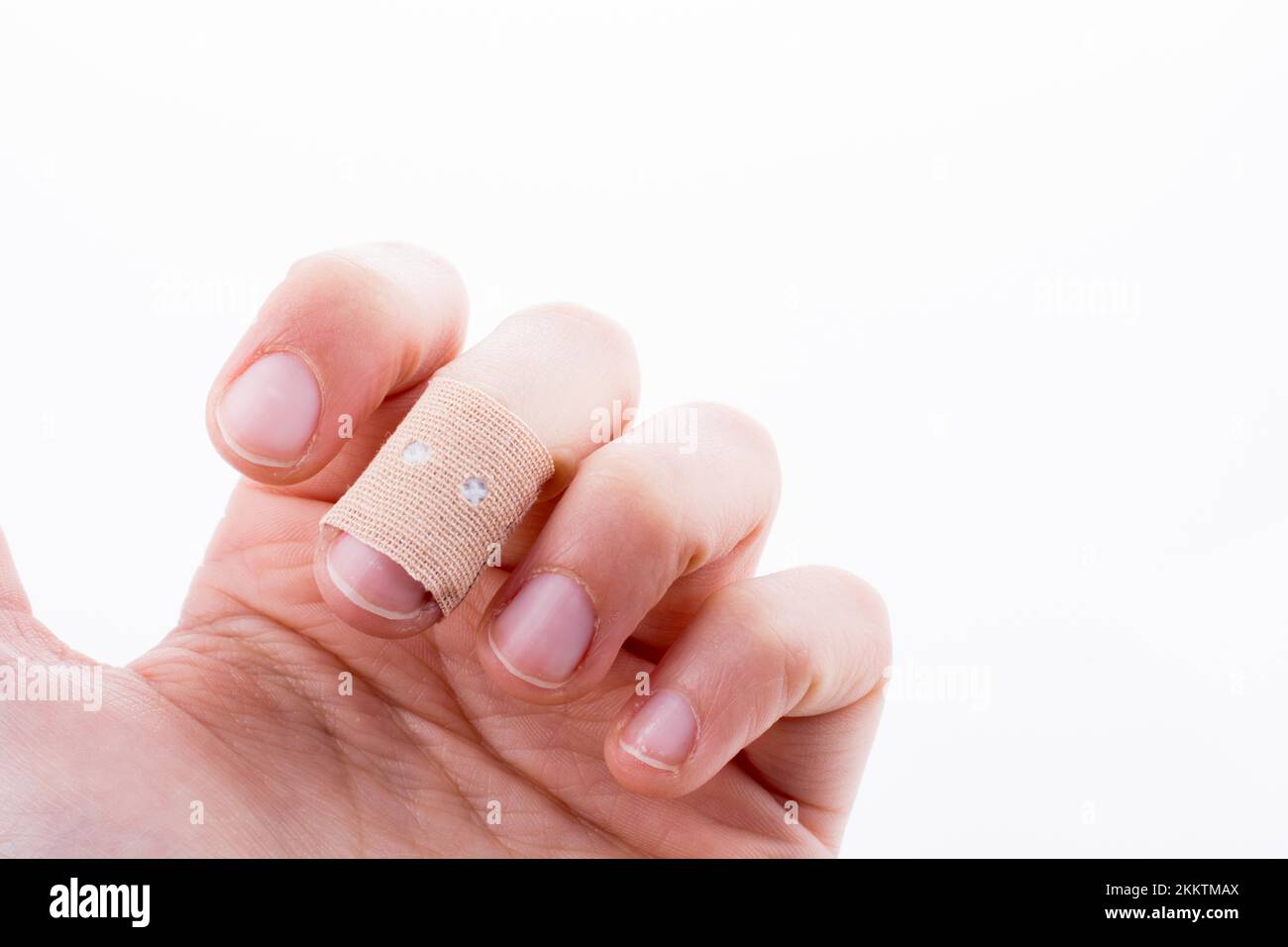 Finger in white bandage on a white background Stock Photo - Alamy