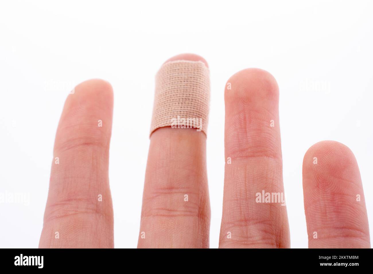 Finger in white bandage on a white background Stock Photo - Alamy